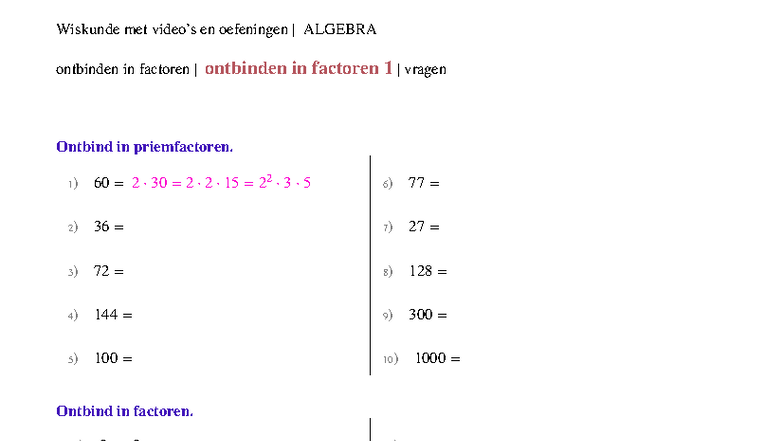 Wiskunde ALGEBRA: Ontbinden in Factoren & Oefeningen 1 - Studeersnel