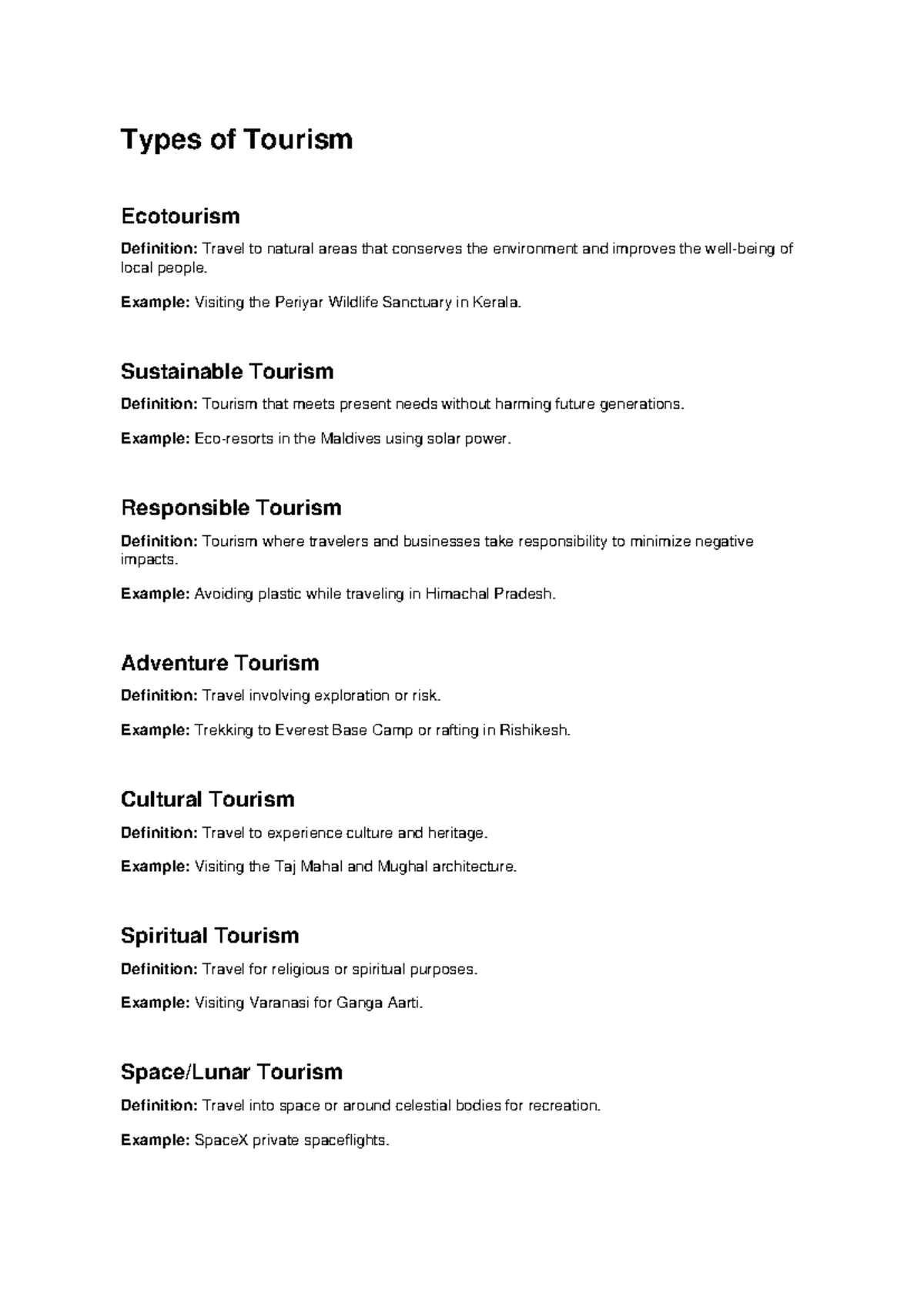 Types of Tourism: Definitions and Examples - HCHC - Studocu
