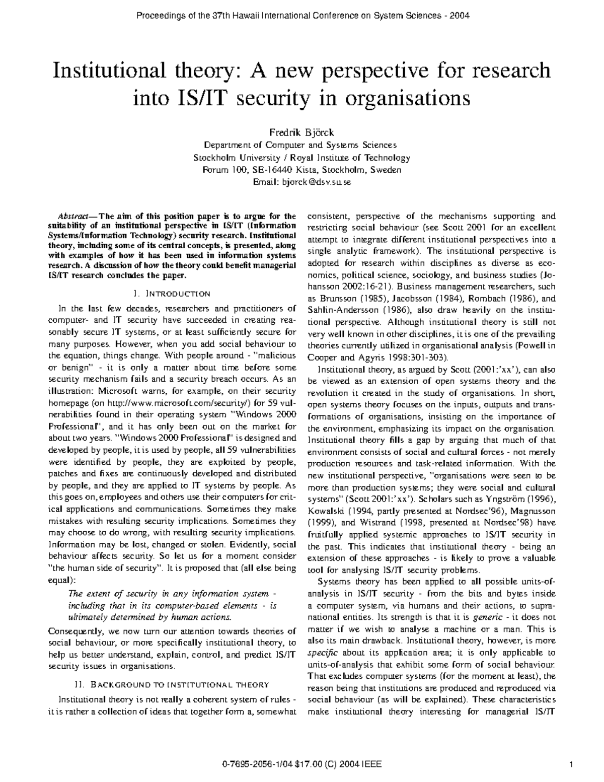 Institutional Theory in IT Security Research: Insights from HICSS 2004 ...