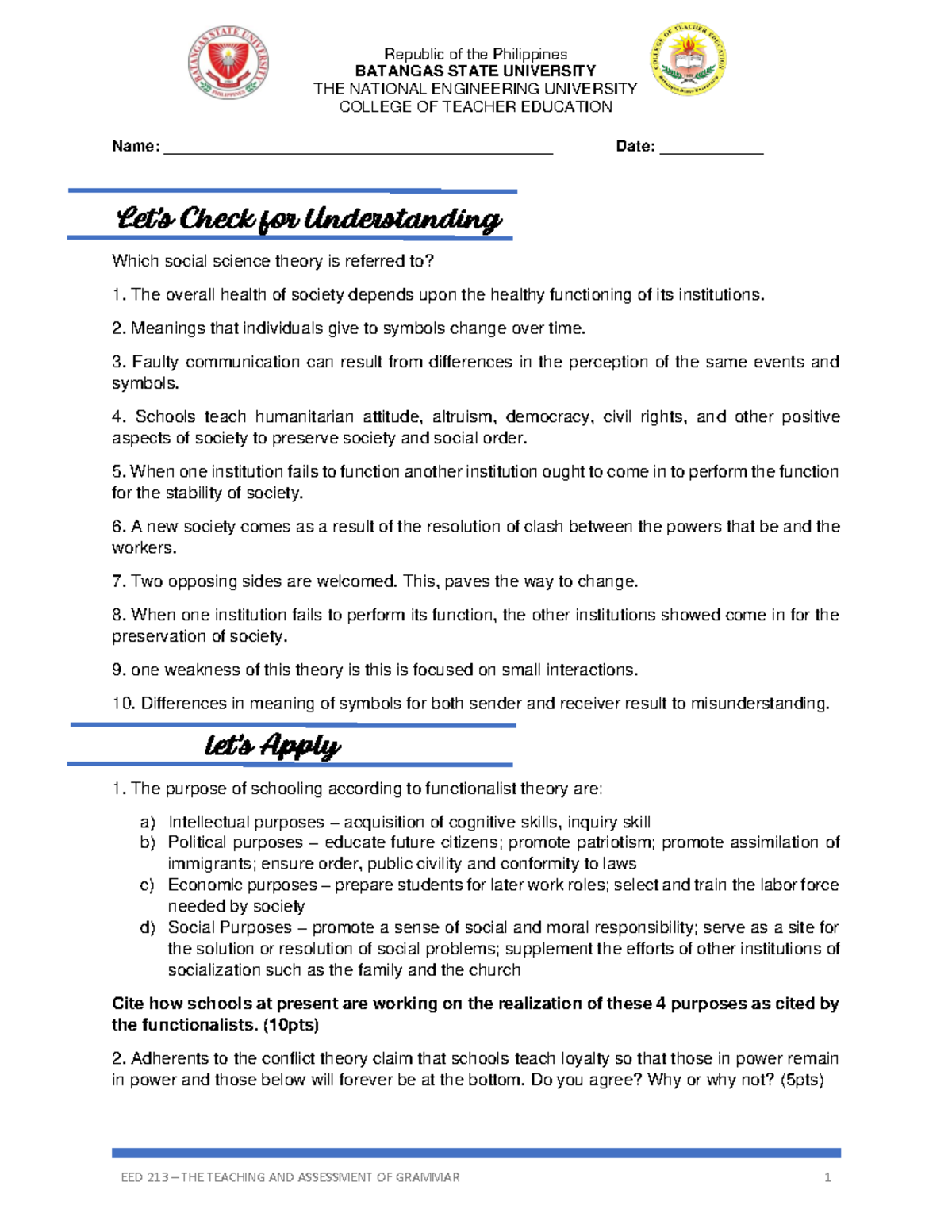 EED 213 - Activity on Social Science Theories & School Purposes - Studocu