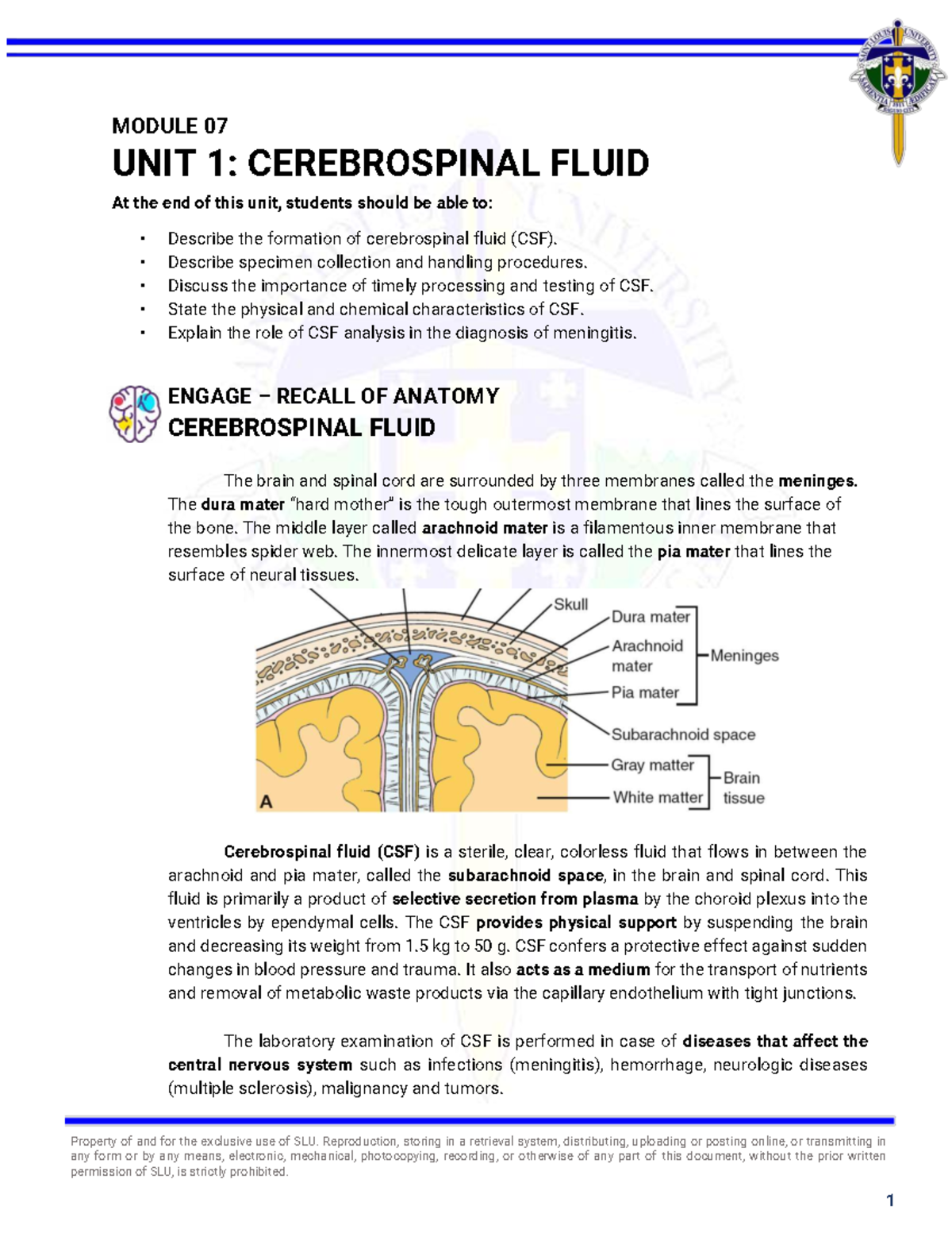 M7U1: Comprehensive Overview of Cerebrospinal Fluid Analysis - Studocu