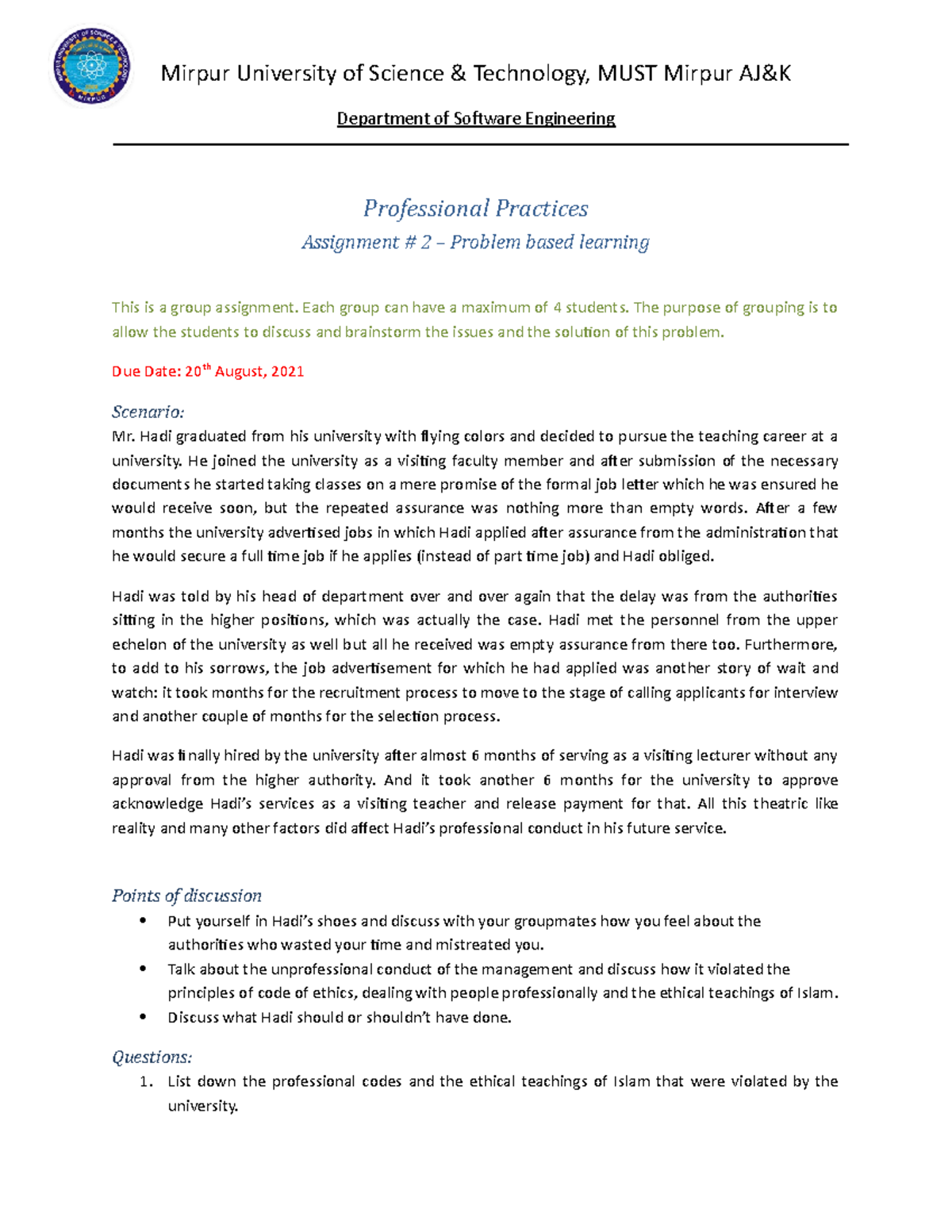Professional Practices Problem Based Learning Assignment - Mirpur ...