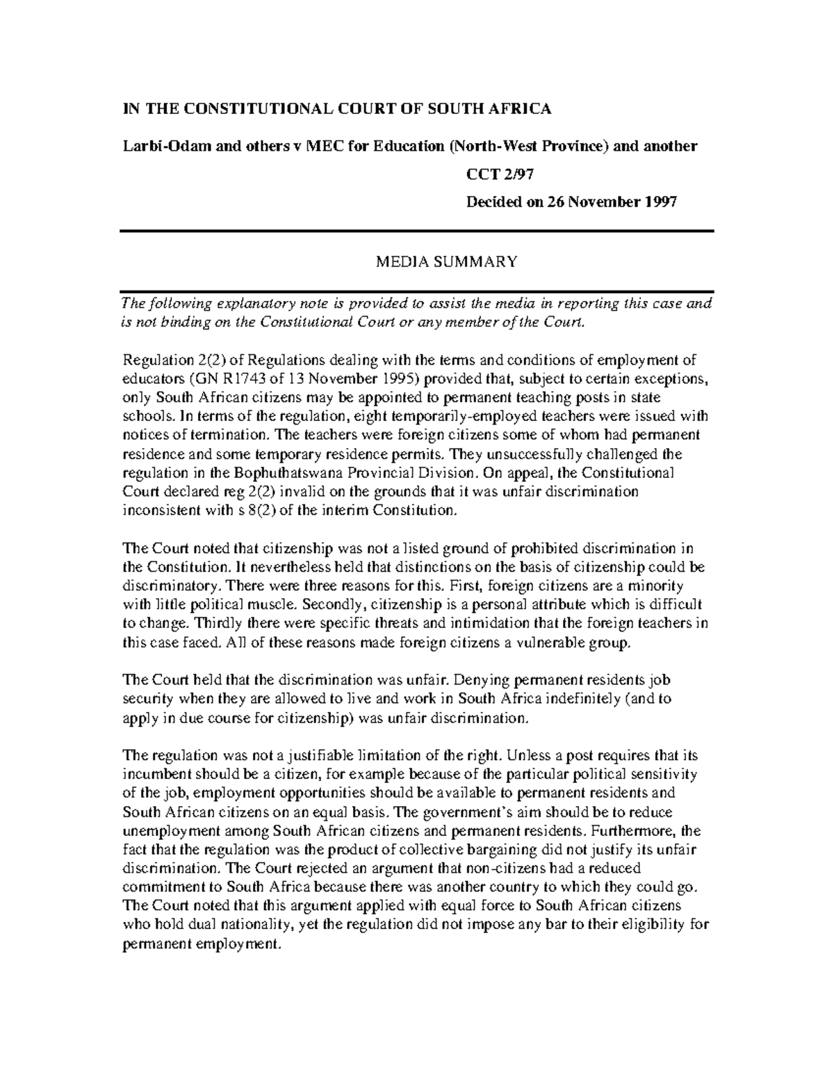 Larbi-Odam v MEC Education Case Study CCT 2/97 Analysis - Studocu