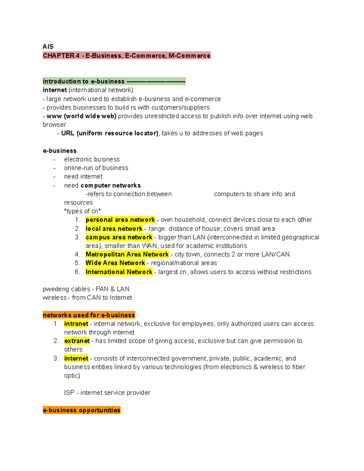 AIS Chapter 4 Reviewer - E-business, E-commerce, M-commerce - AIS ...