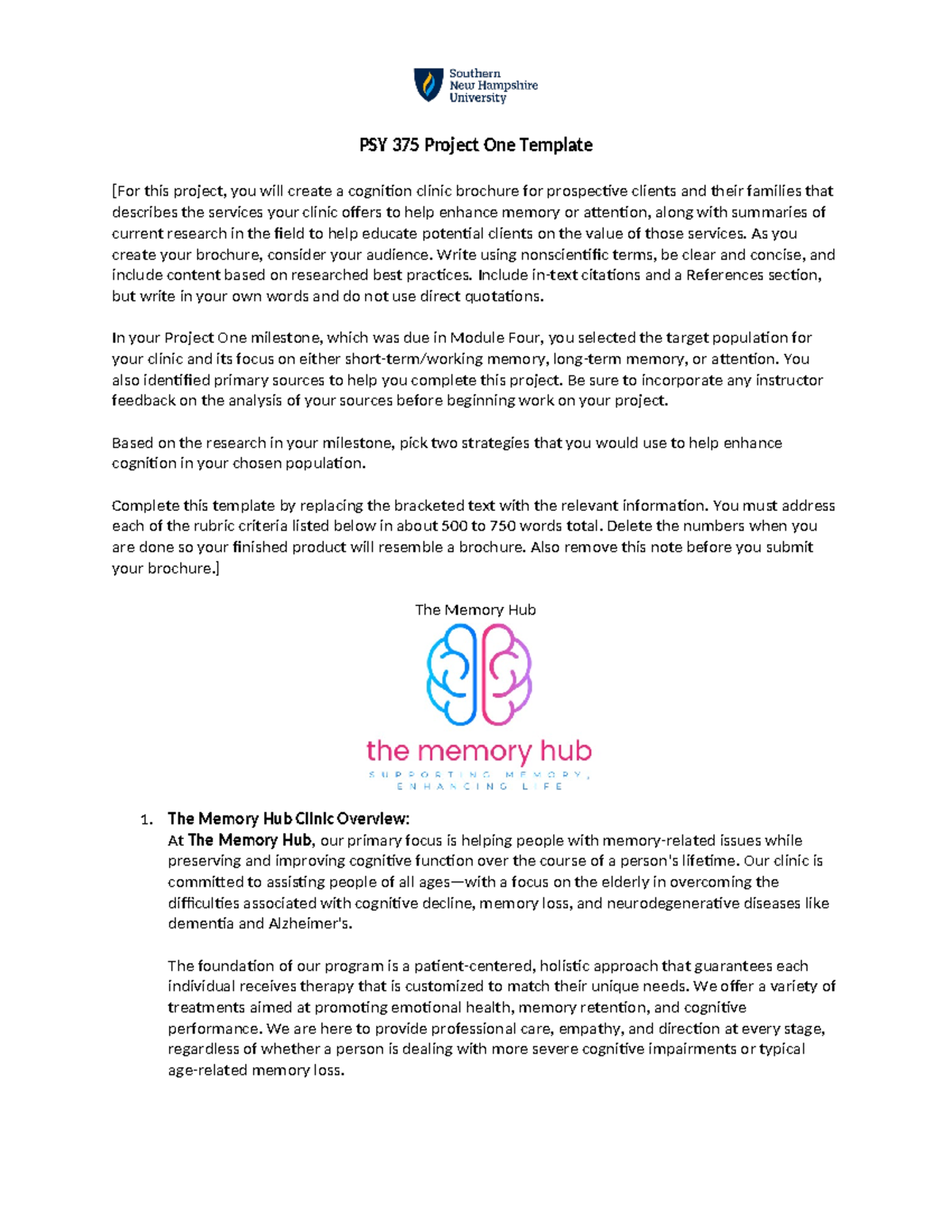 PSY 375 Project One: Cognition Clinic Brochure for Memory Enhancement ...