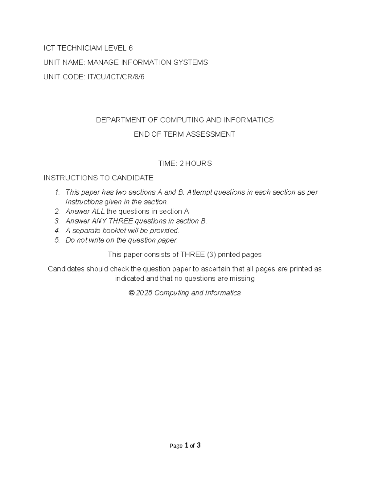 ICT Level 6: Manage Information Systems End of Term Assessment - Studocu