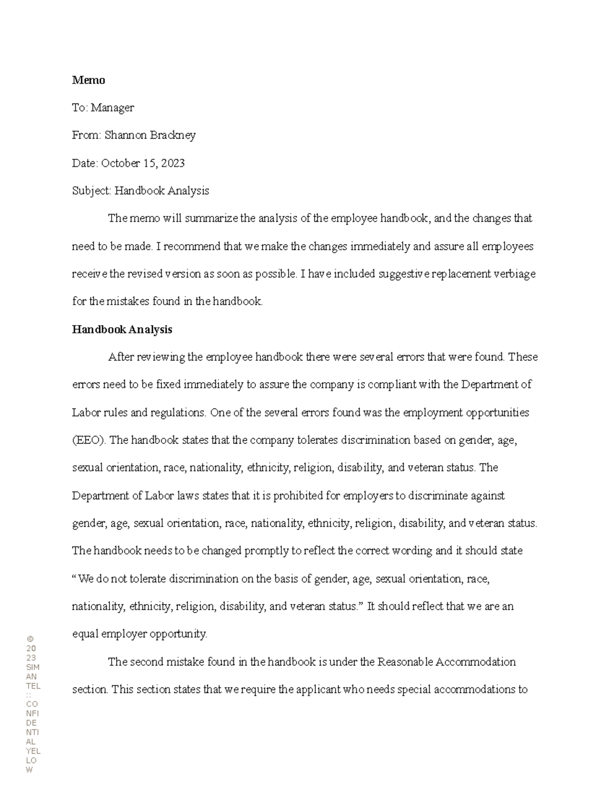 HRM 225 Memo: Employee Handbook Analysis and Recommended Changes - Studocu