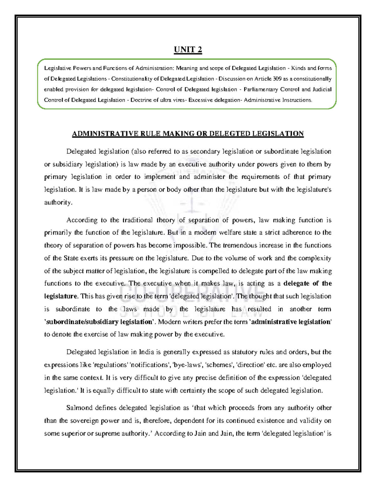 Unit 2: Legislative Powers & Functions of Administration - Delegated ...