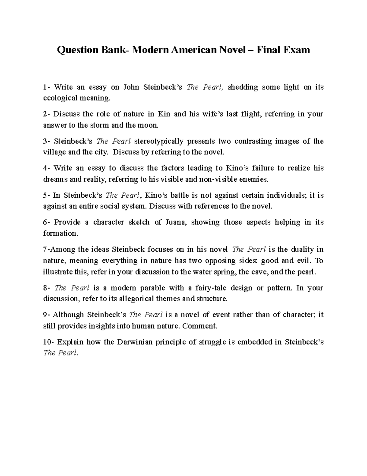 Modern american novel final exam question bank - Question Bank- Modern ...