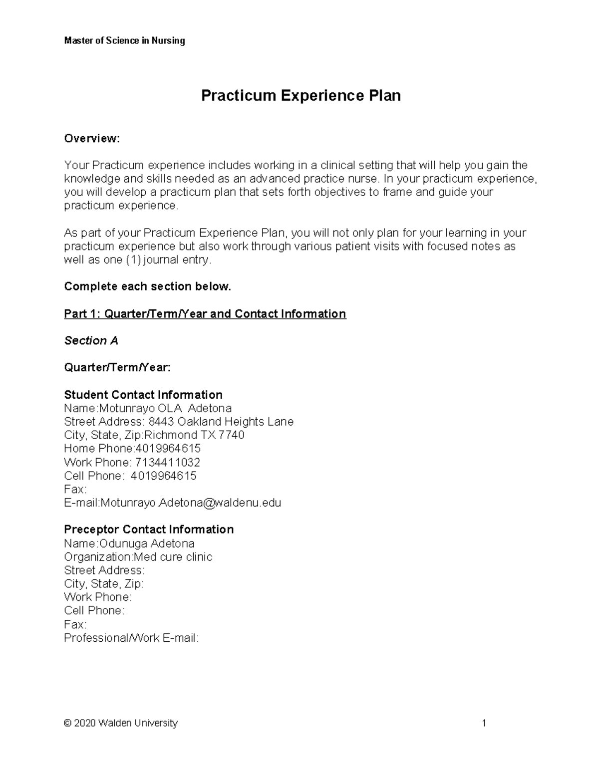 Practicum Experience Plan for Advanced Practice Nursing - PRAC 601 - Studocu