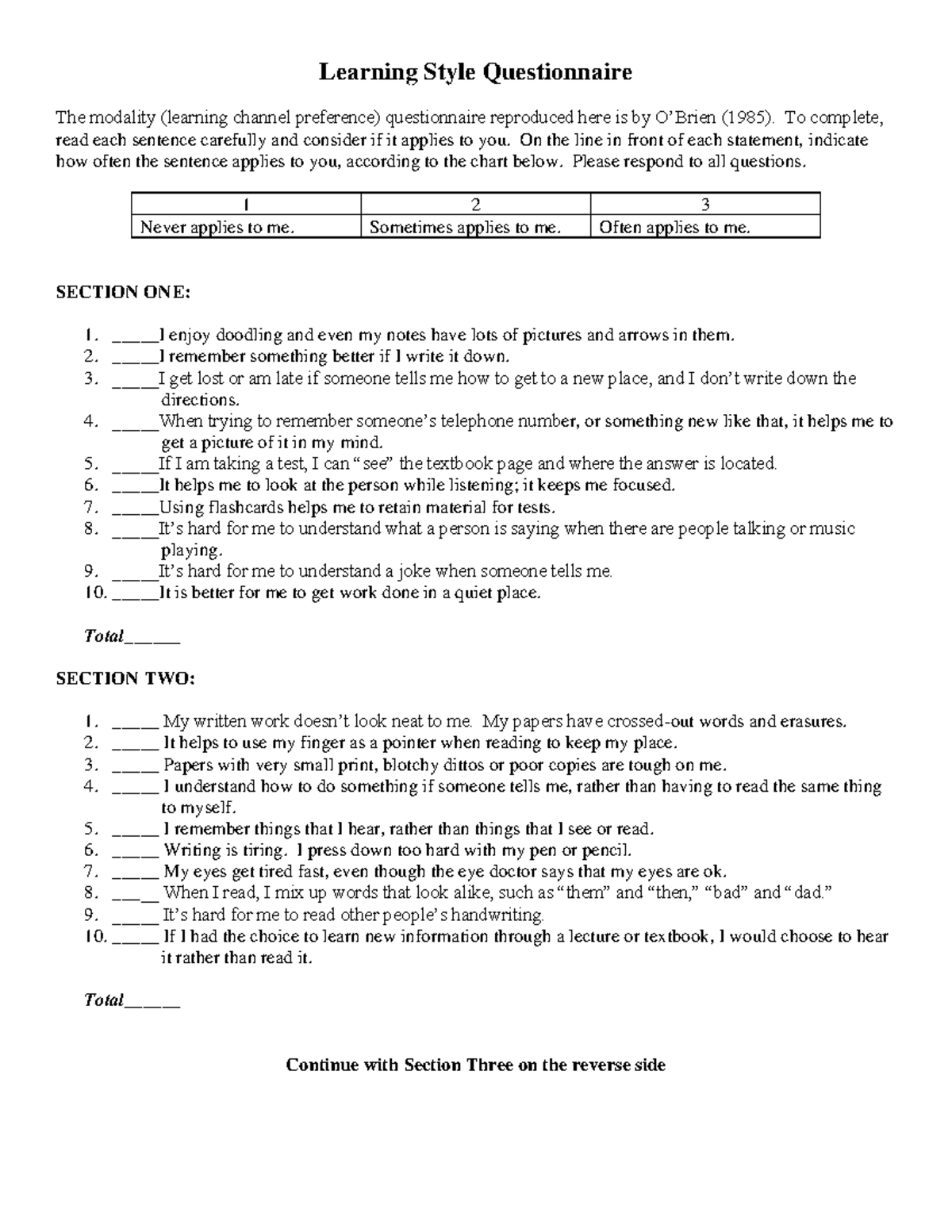 Learning Style Questionnaire: Assessing Your Learning Preferences - Studocu