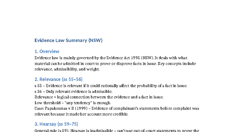 Evidence Law Summary (NSW): Key Concepts and Case Insights - Studocu