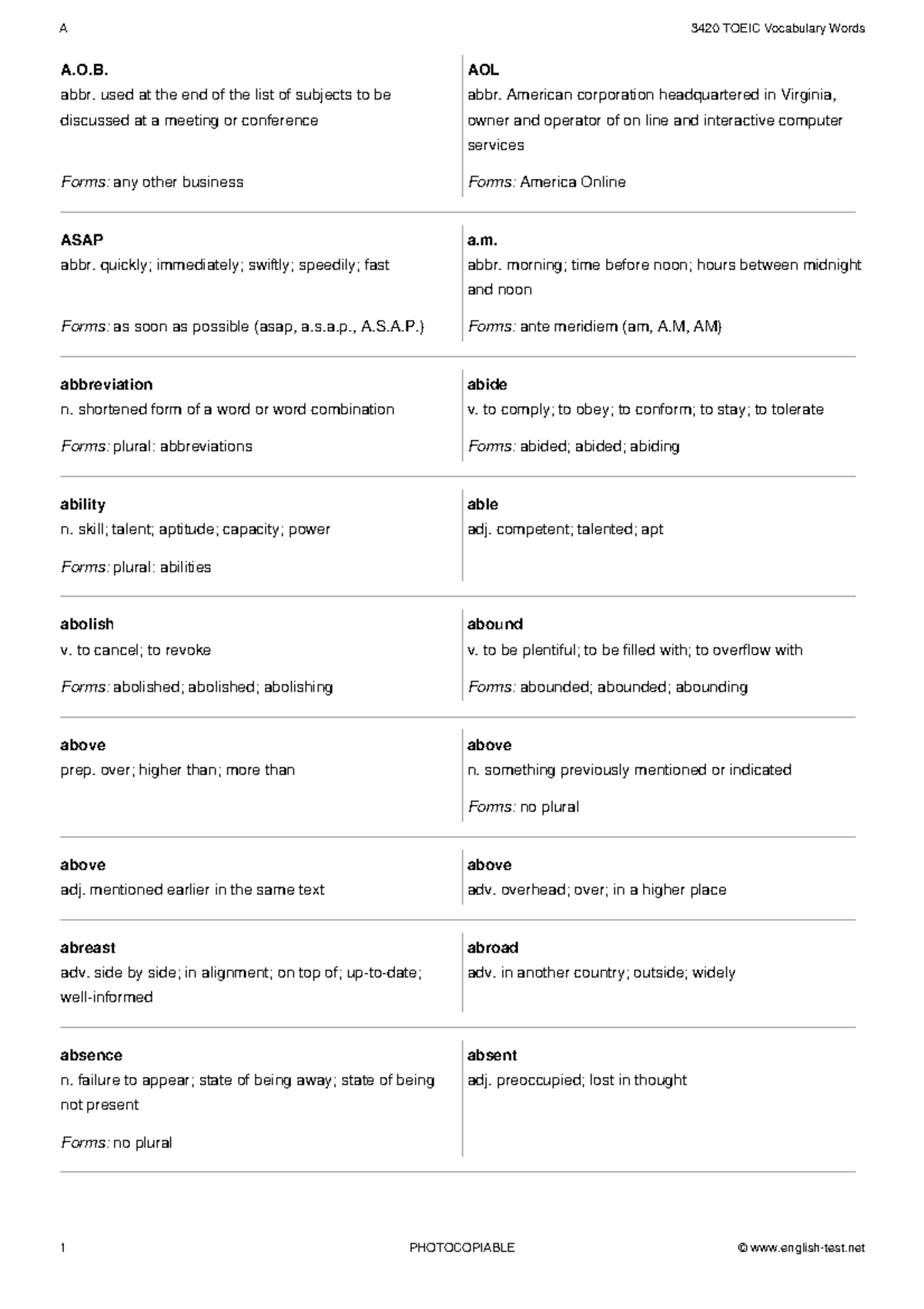 A 3420 TOEIC Vocabulary Words List for Exam Preparation - Studocu