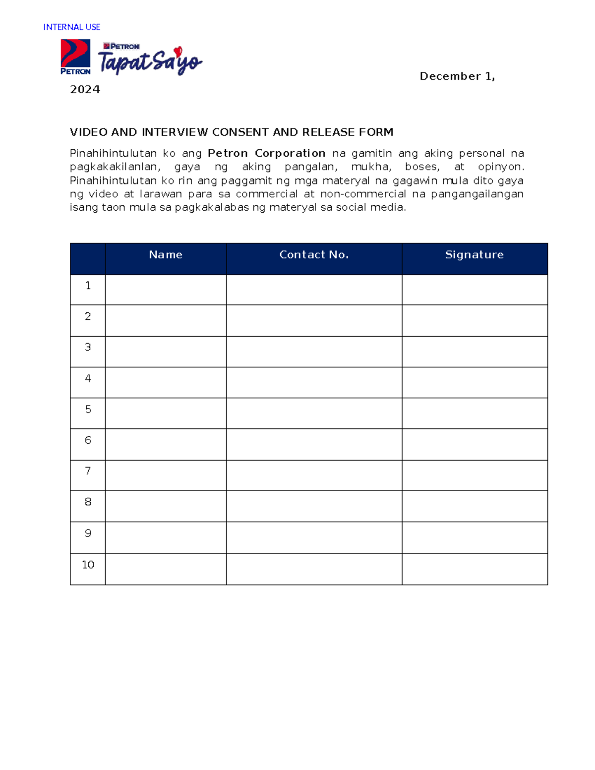 E. Interview Consent Form - INTERNAL USE December 1, 2024 VIDEO AND ...