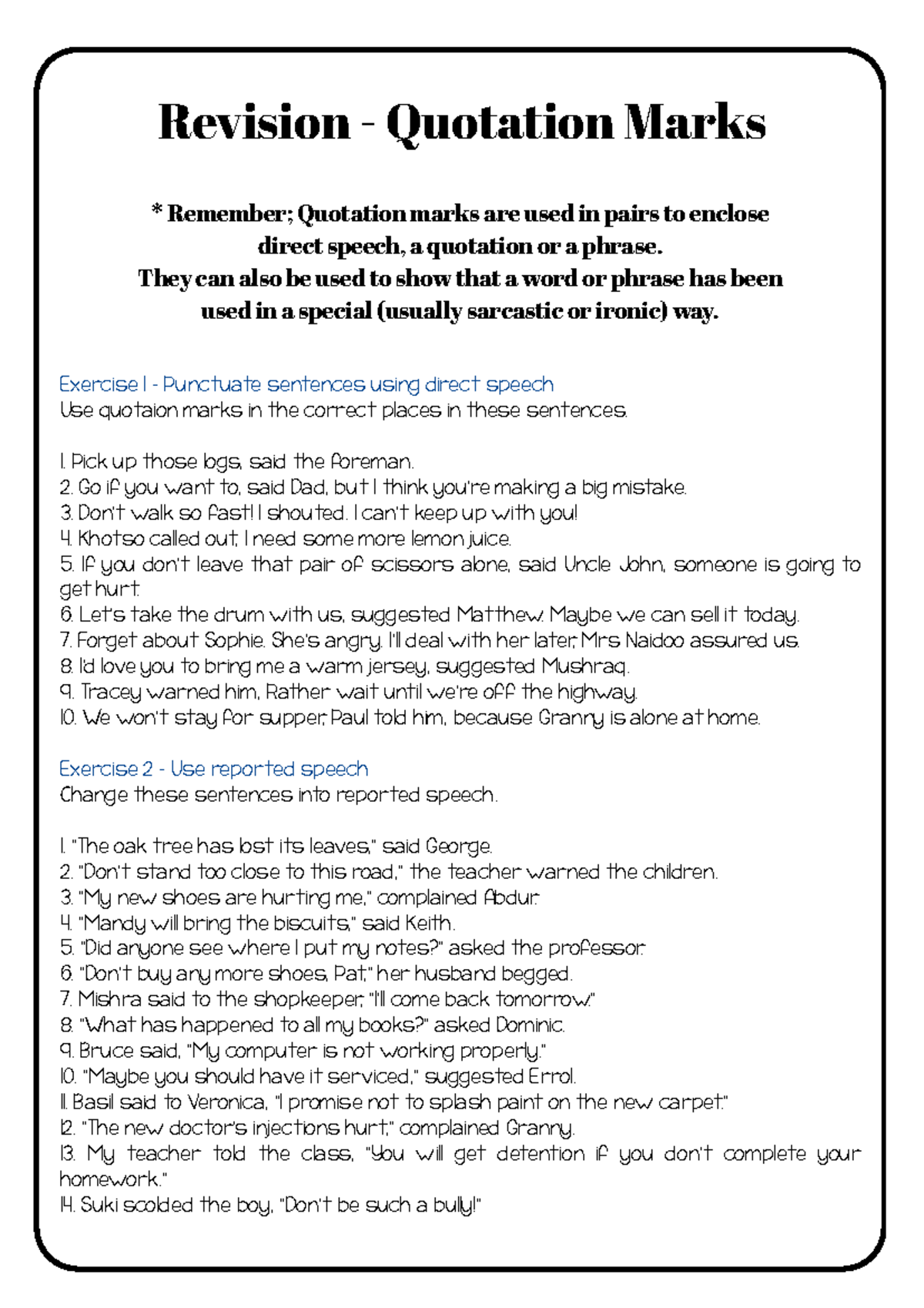 Revision of Quotation Marks and Reported Speech Exercises 20250526 ...