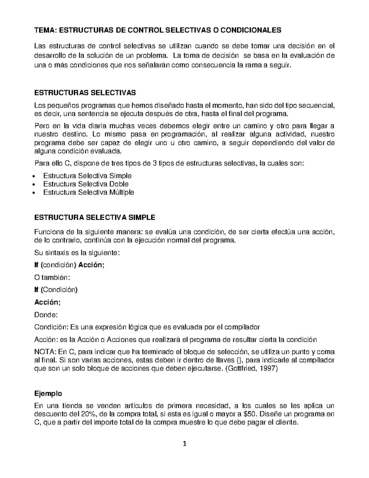Estructuras de Control Selectivas o Condicionales en lenguaje C - TEMA ...