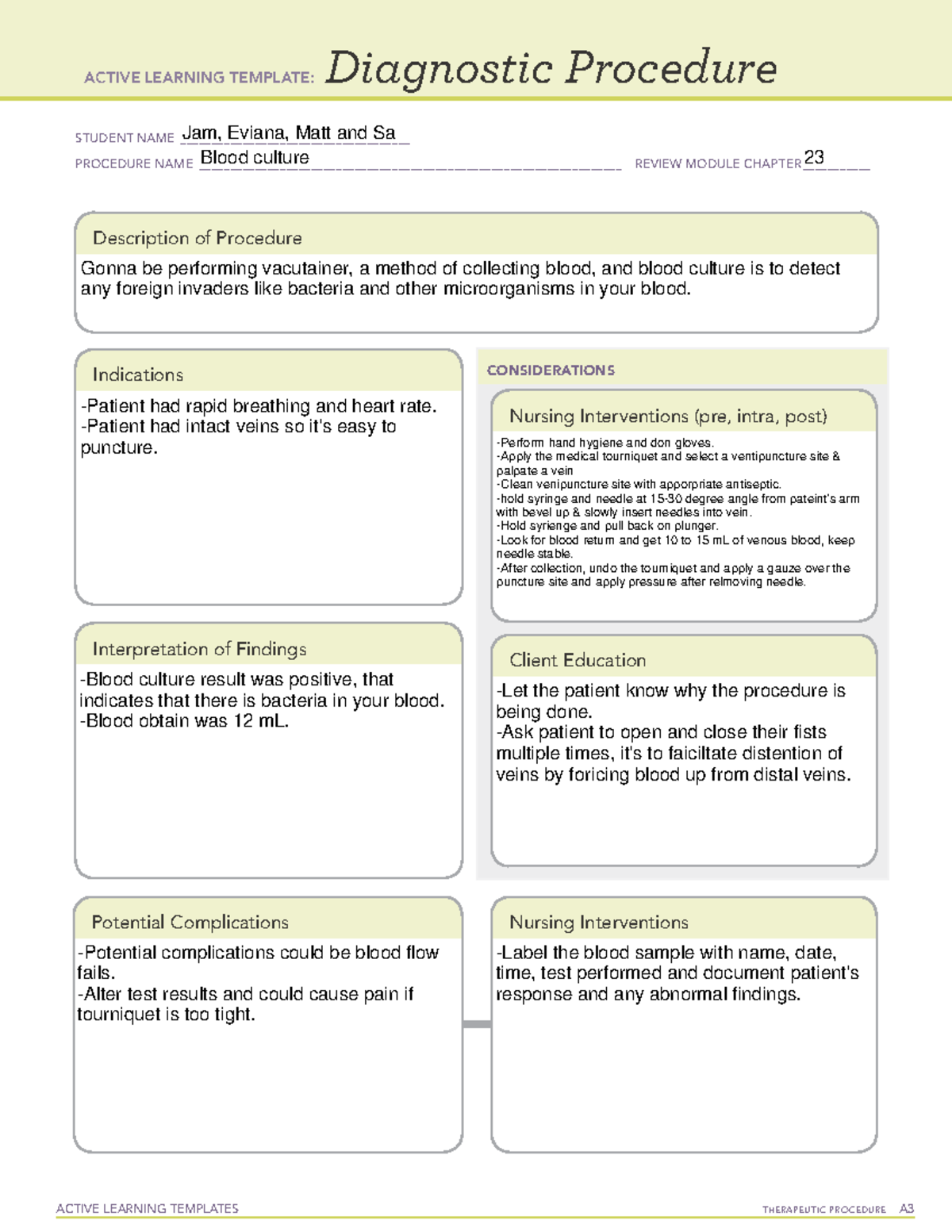 Blood Culture Procedure Template - ATI Active Learning - Studocu