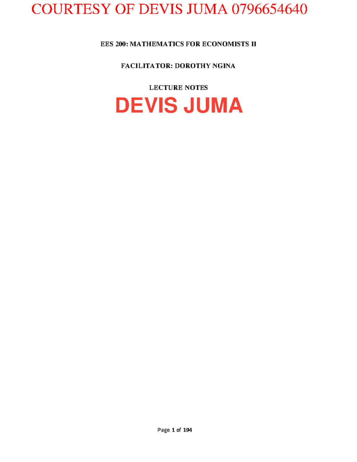 EES 200: Lecture Notes on Equilibrium Analysis in Mathematics for ...