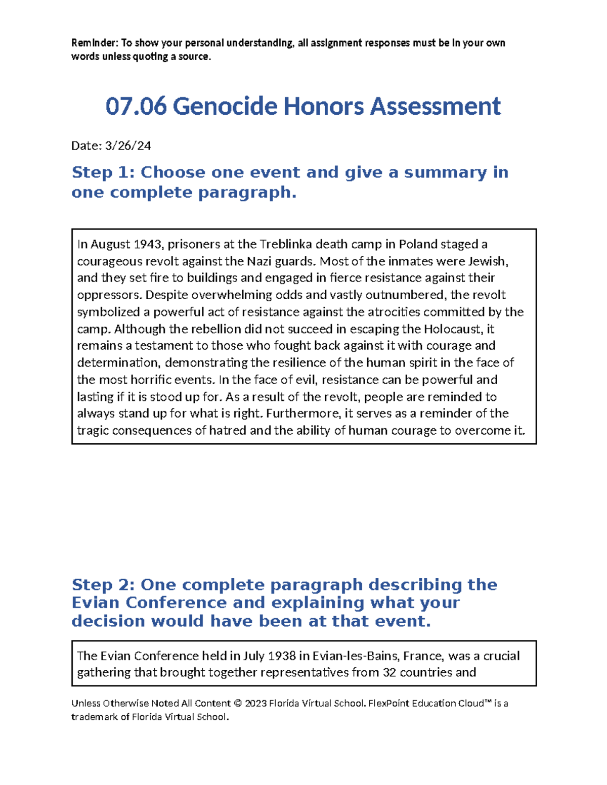 07.06H Evian Conference & Treblinka: Honors Assessment Overview - Studocu