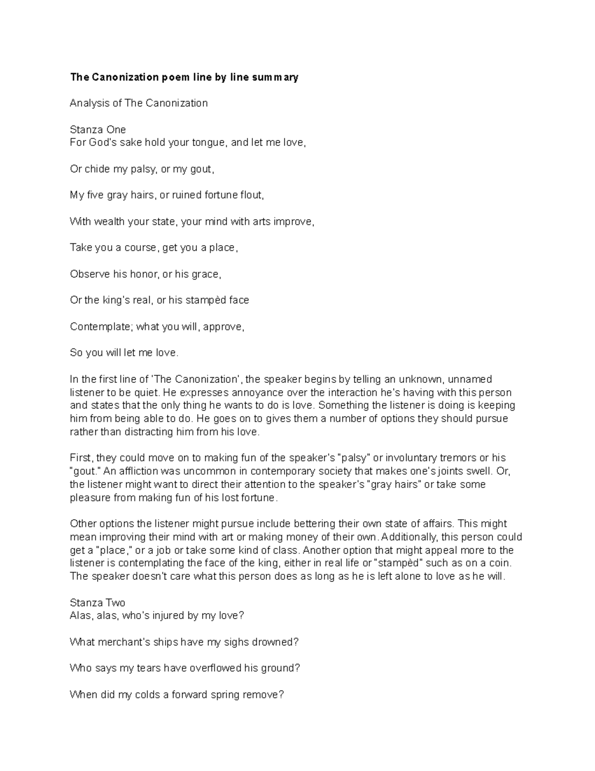 Line-by-Line Summary of 'The Canonization' Poem Analysis - Studocu