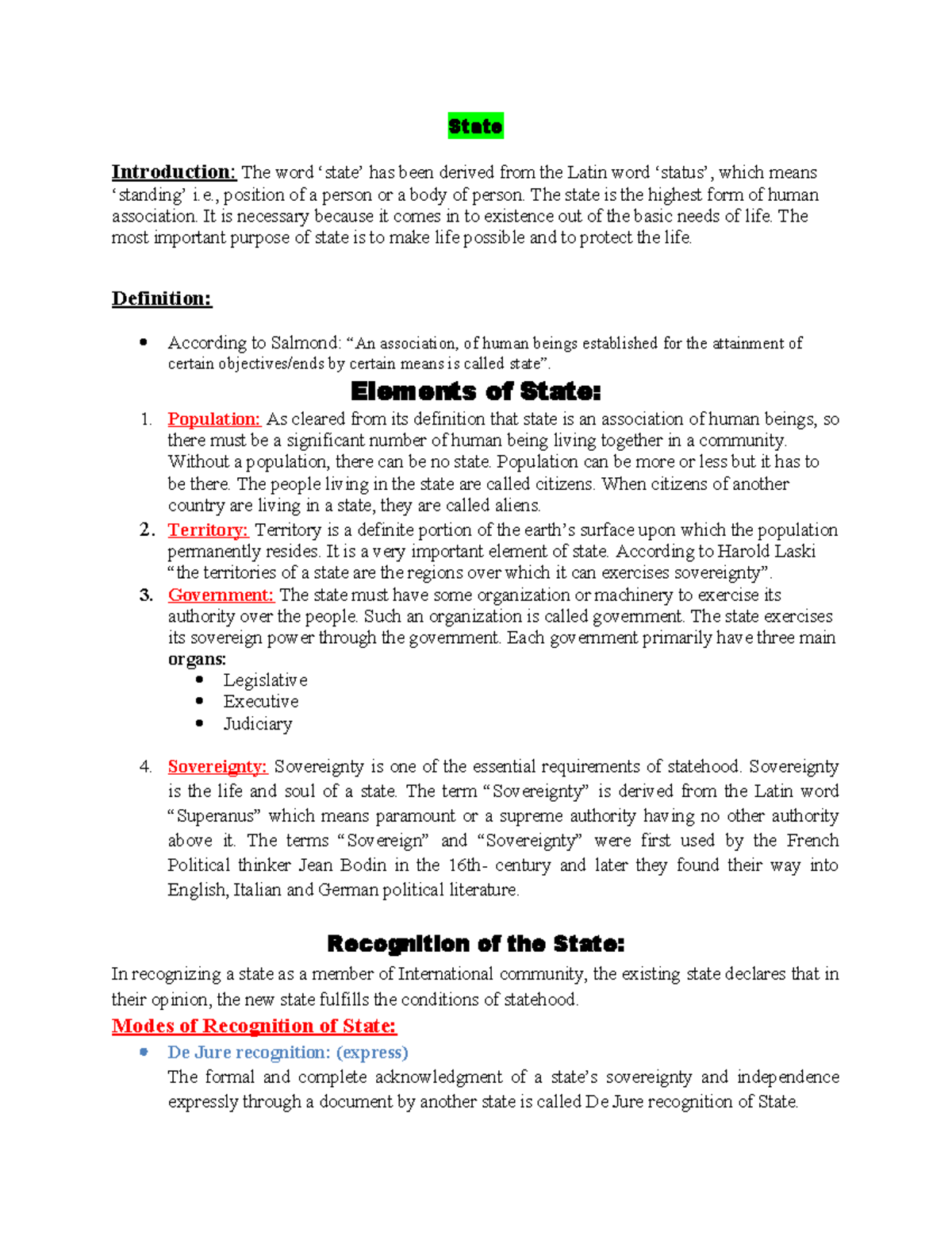 State Introduction: Key Elements and Theories of Statehood - Studocu