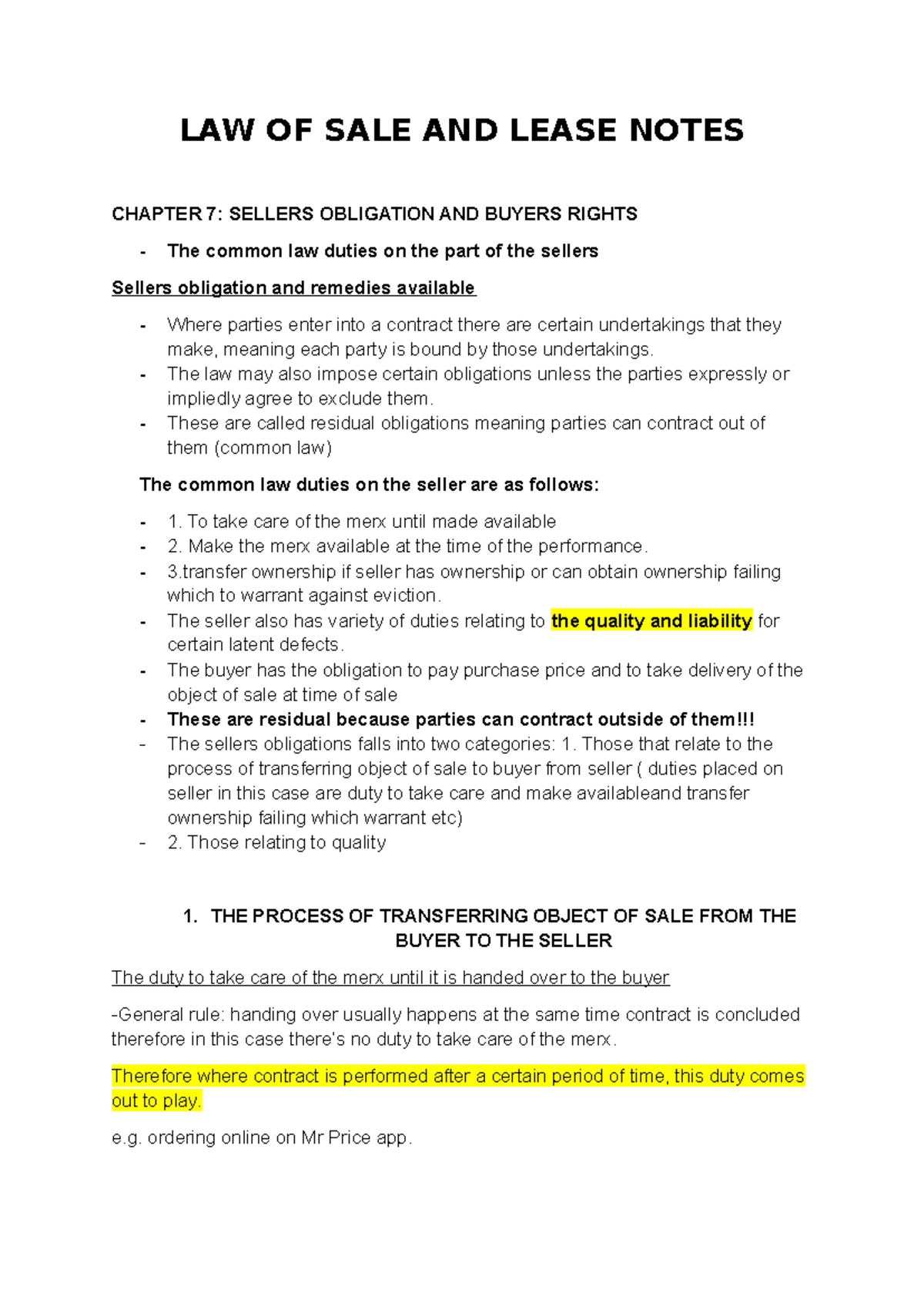 LAW OF SALE AND LEASE NOTES: CH 7 - SELLER'S OBLIGATIONS & BUYER'S ...
