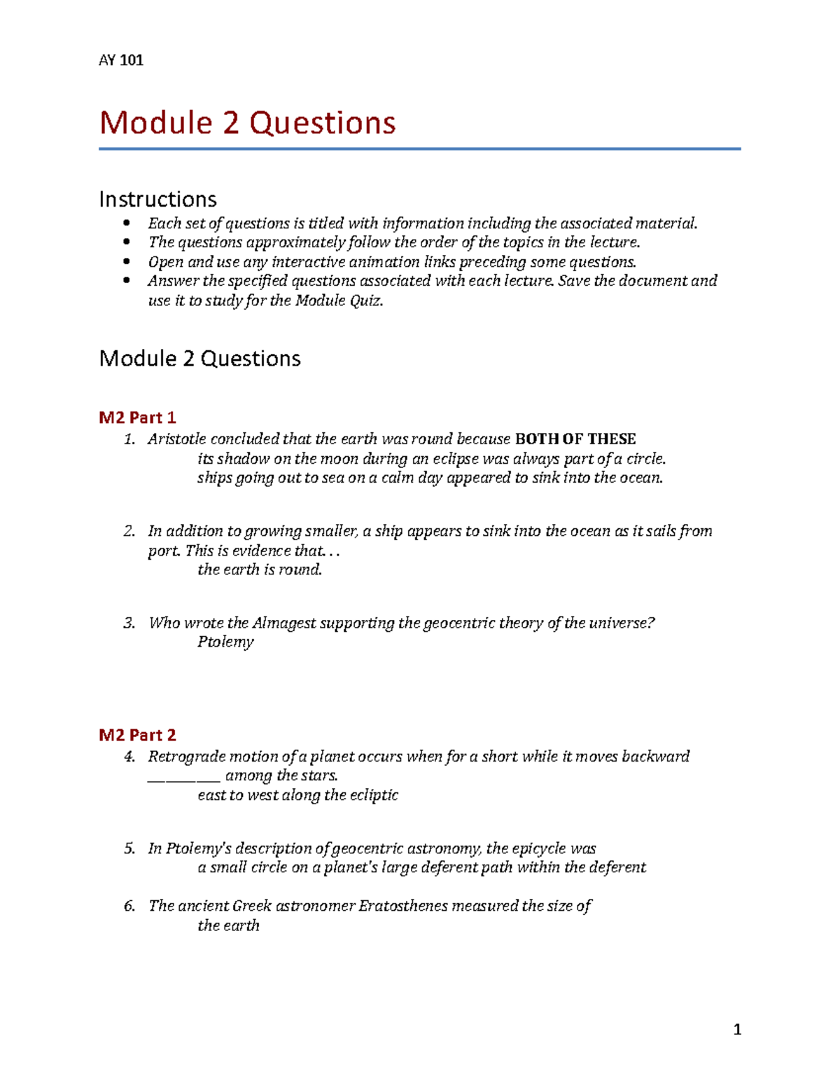 Module-2-questions - Module 2 questions/answers worksheet - AY 101 Module 2 Questions ...