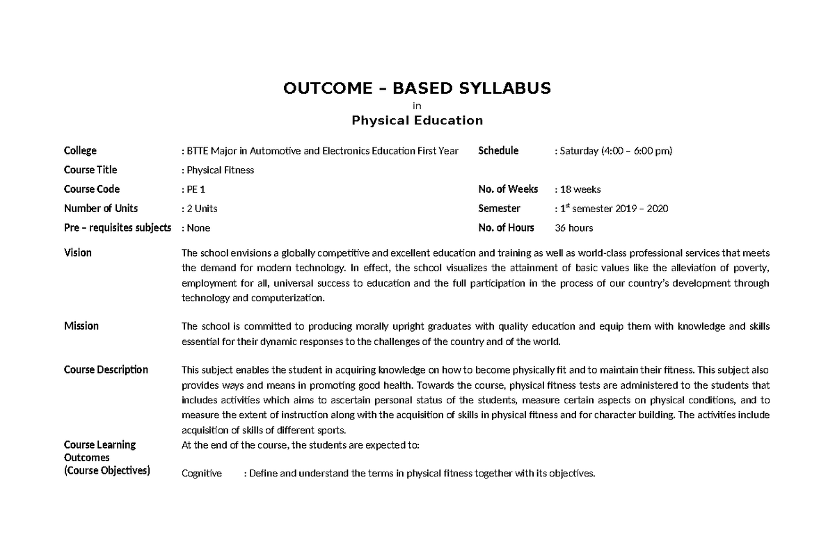 OBE Syllabus for PE1: Physical Education & Fitness Course Outline - Studocu