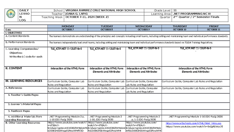 DLL .NET Programming Lesson Log - Week 2, Q2 2024 - Studocu