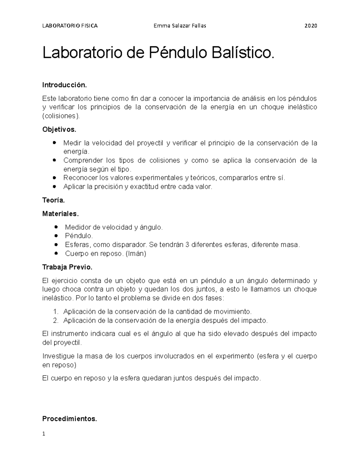 Laboratorio de Péndulo Balístico - LABORATORIO FISICA Emma Salazar ...