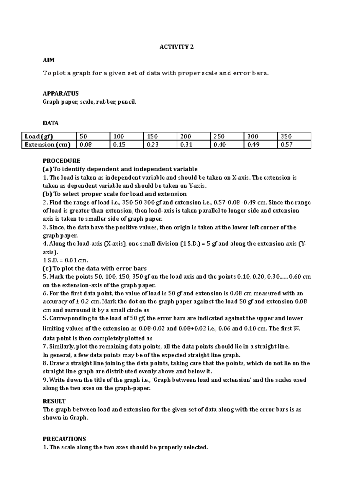 Graphing Load vs Extension with Error Bars - Activity 2 - Studocu