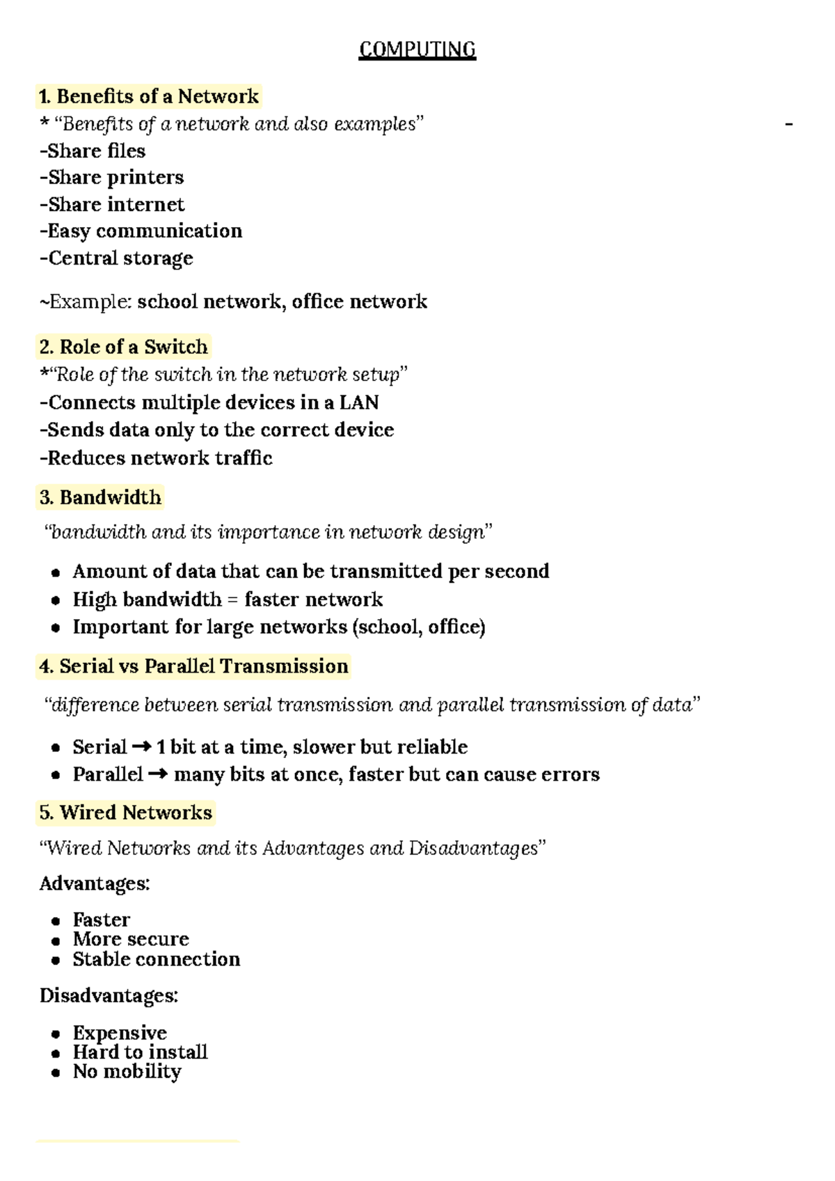 COMPUTING 1: Network Benefits, Switch Roles, and Transmission Types ...