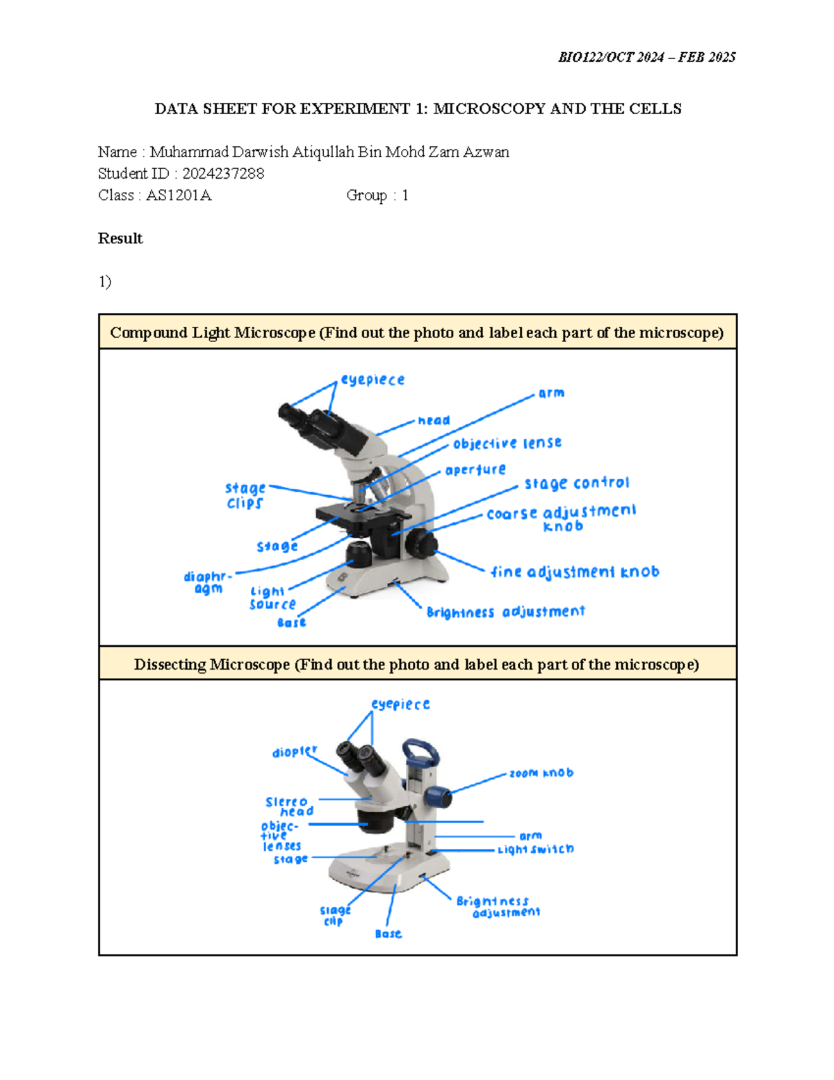 Data Sheet Experiment 1 - BIO122/OCT 2024 – FEB 2025 DATA SHEET FOR ...