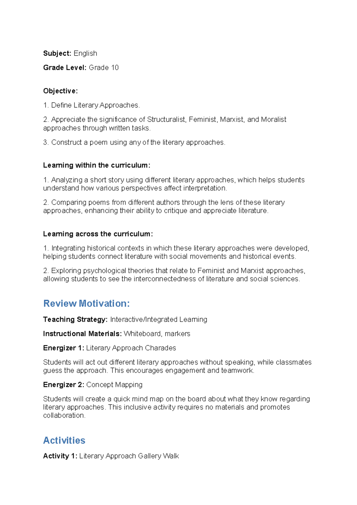 Lesson Plan: Exploring Literary Approaches in Grade 10 English - Studocu
