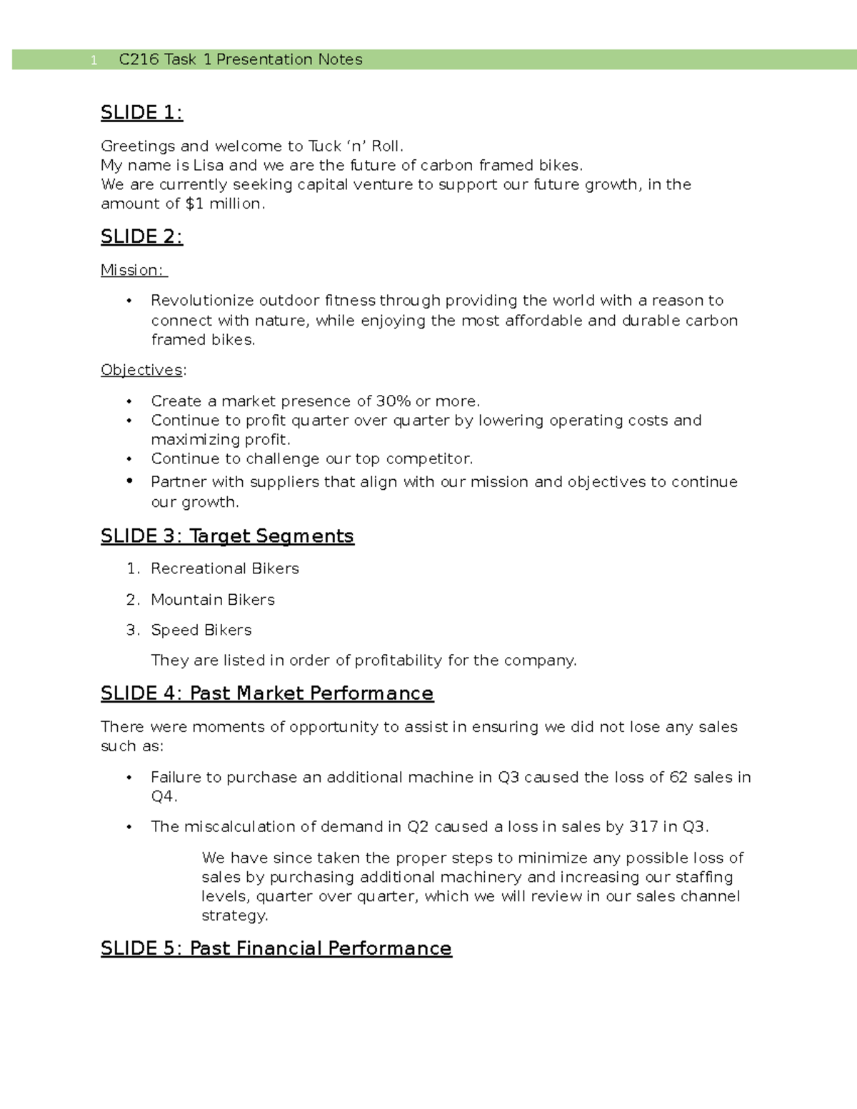 C216 Task 1 Business Plan Presentation Notes - Studocu