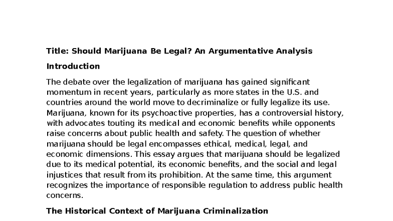 Marijuana Legalization: A Comprehensive Argumentative Analysis (Course ...