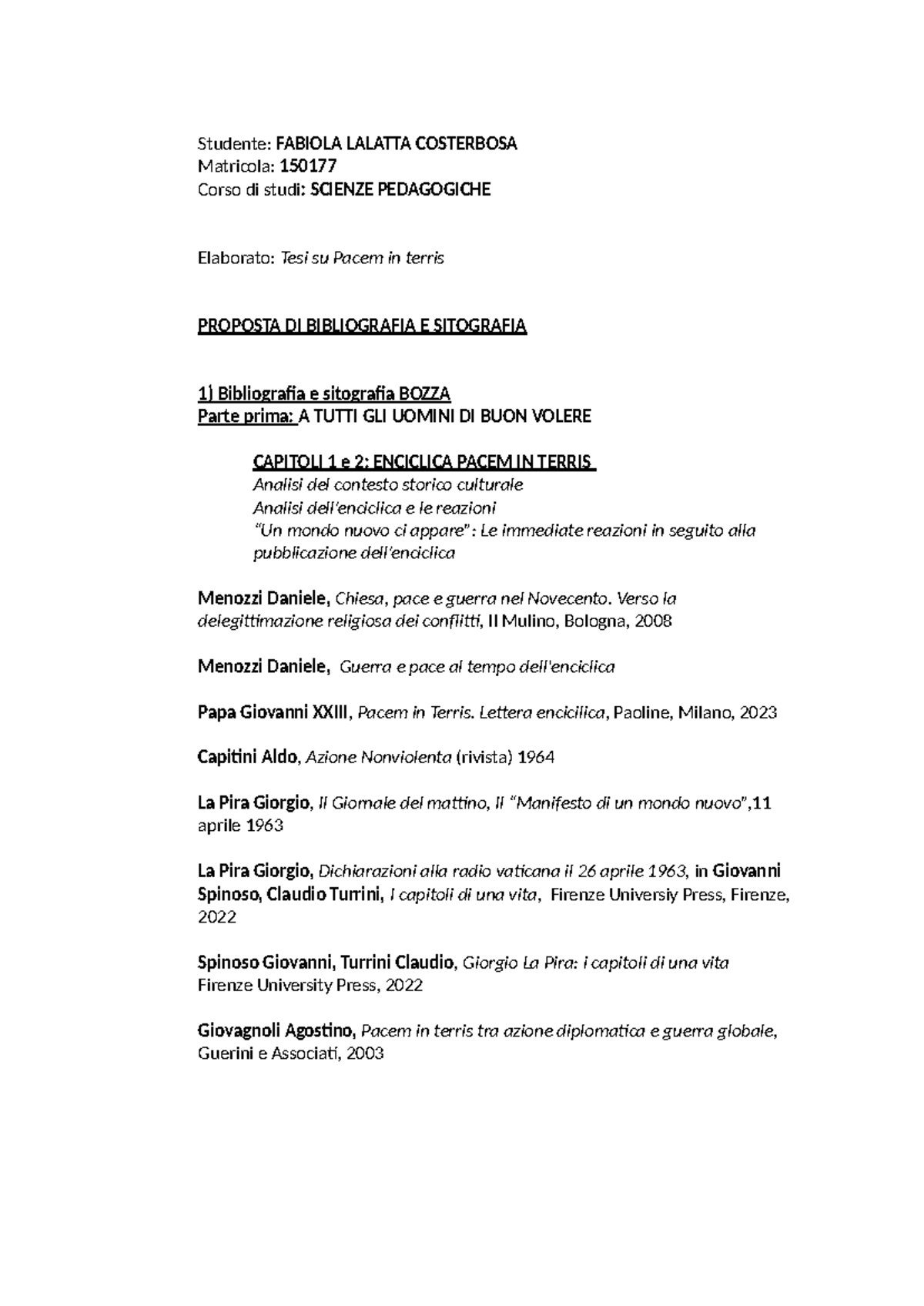 Tesi di Laurea in Scienze Pedagogiche: Bibliografia su Pacem in Terris ...