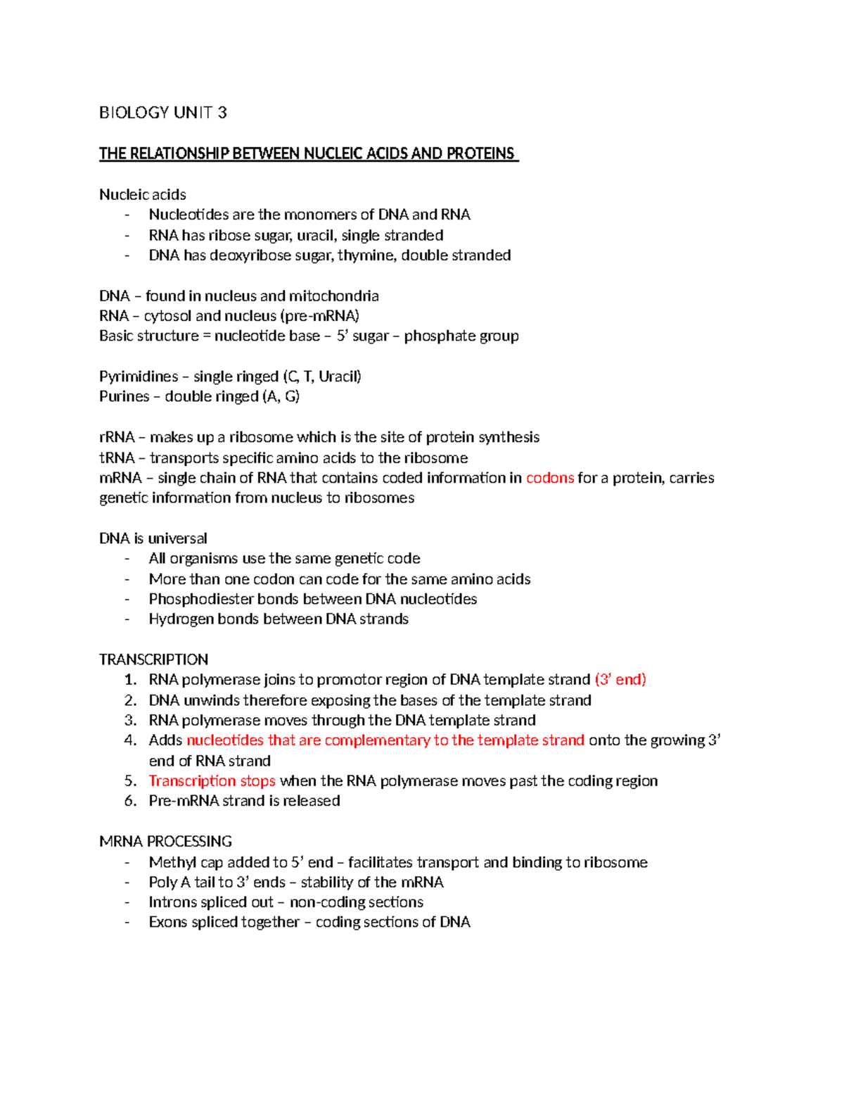 BIOLOGY UNIT 3 SUMMARY NOTES: NUCLEIC ACIDS & PROTEINS - Studocu
