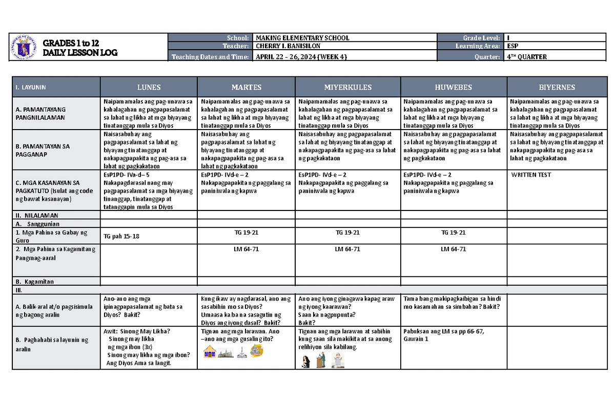 DLL ESP 1 Q4 W2: Daily Lesson Log for Grade 1 - Teaching Gratitude ...