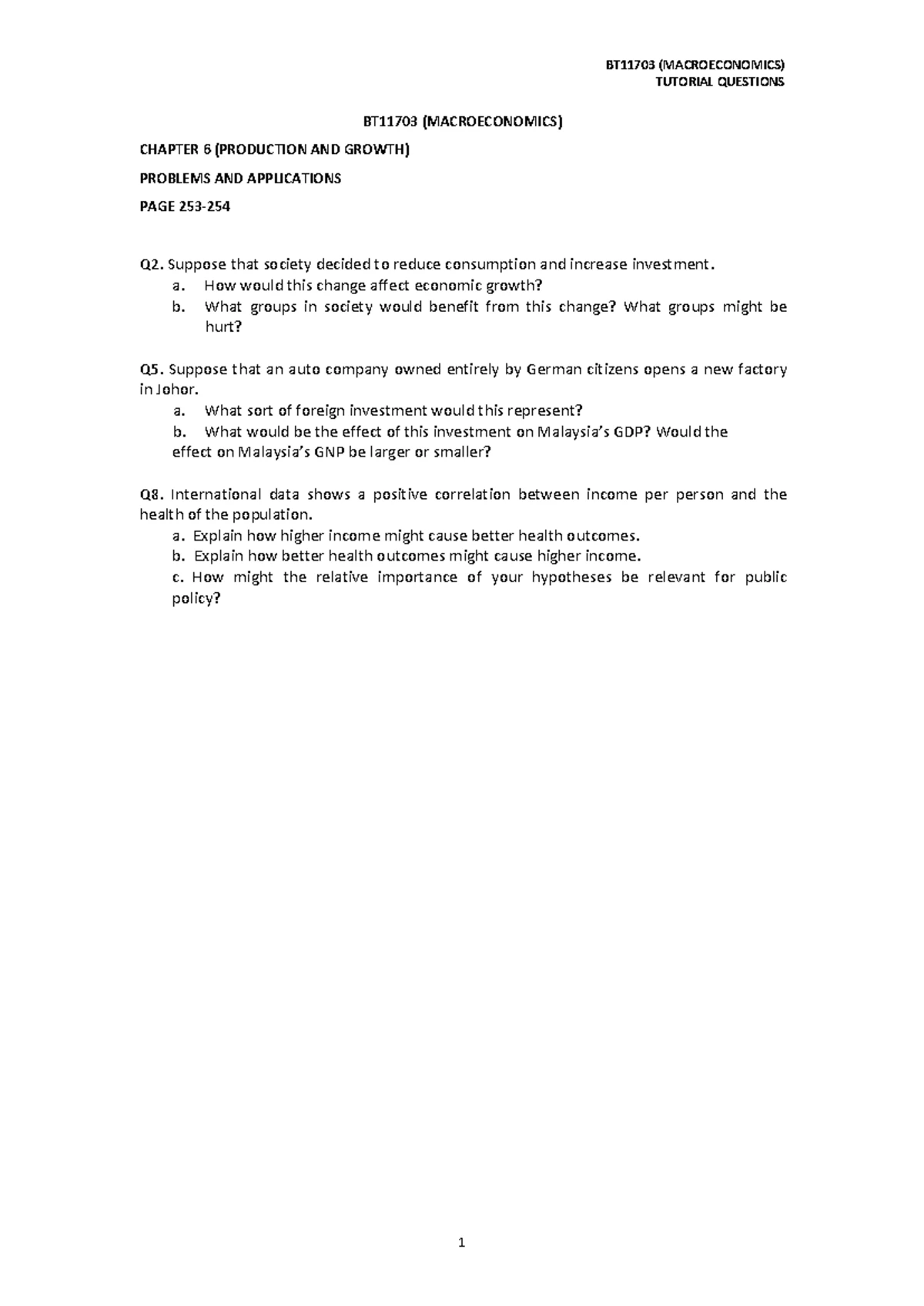 Chapter 1 Tutorial Questions on BT11703 Macroeconomics I (2022-2023 ...
