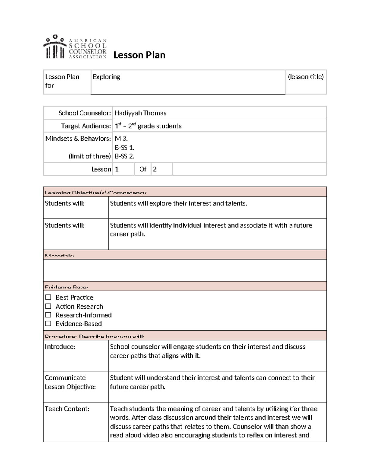 Cf ASCA Lesson Plan: Exploring Interests and Future Careers - Studocu