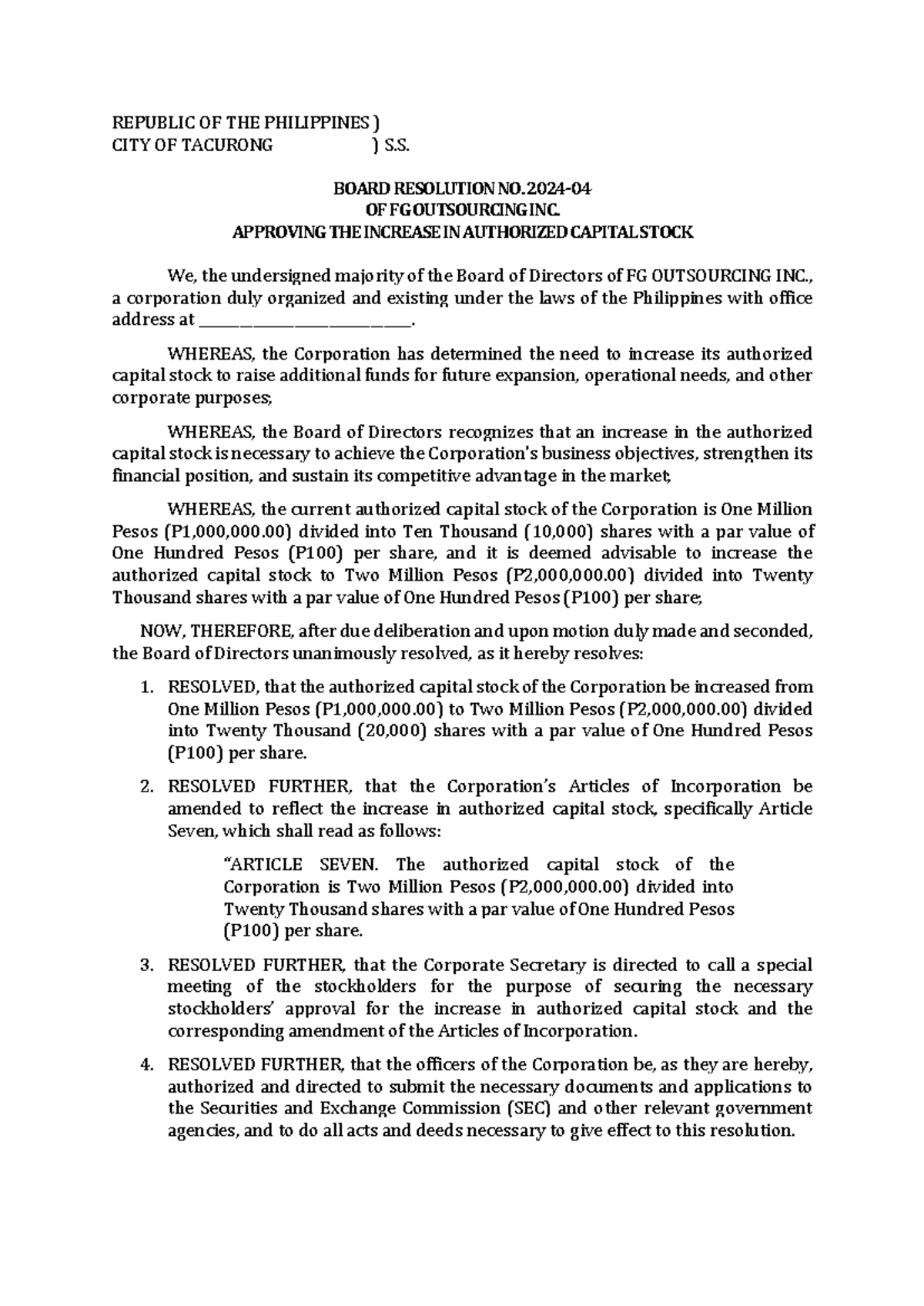 BOARD-RESO - Sample Board Resolution for Capital Stock Increase - Studocu