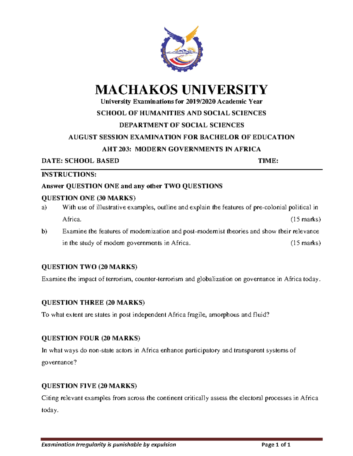AHT 203 Final Exam: Modern Governments in Africa Analysis - Studocu
