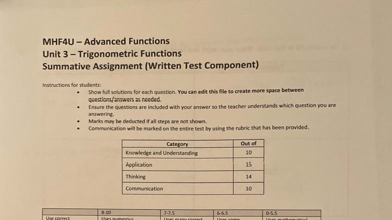 MHF4U Advanced Functions Unit 3 Trigonometric Functions Summative ...