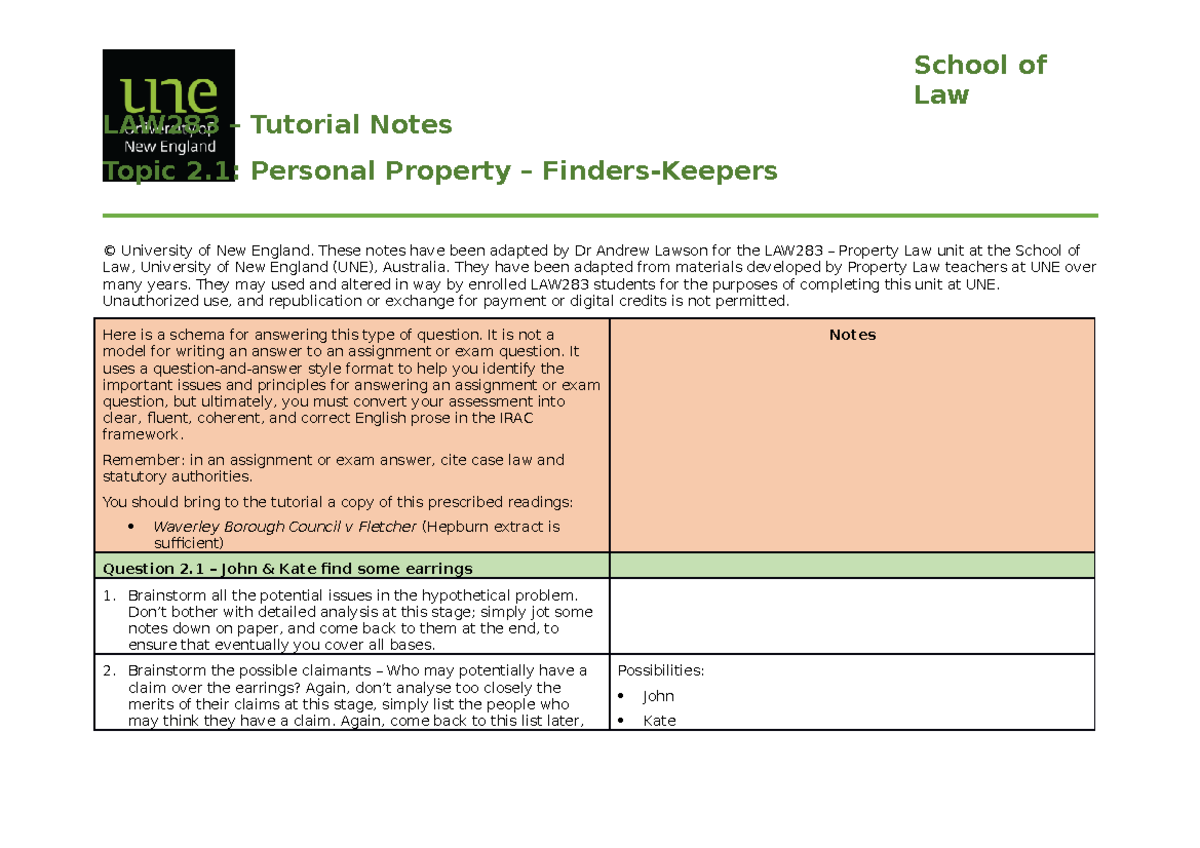 LAW283 - Tutorial Notes on Personal Property: Finders-Keepers - Studocu