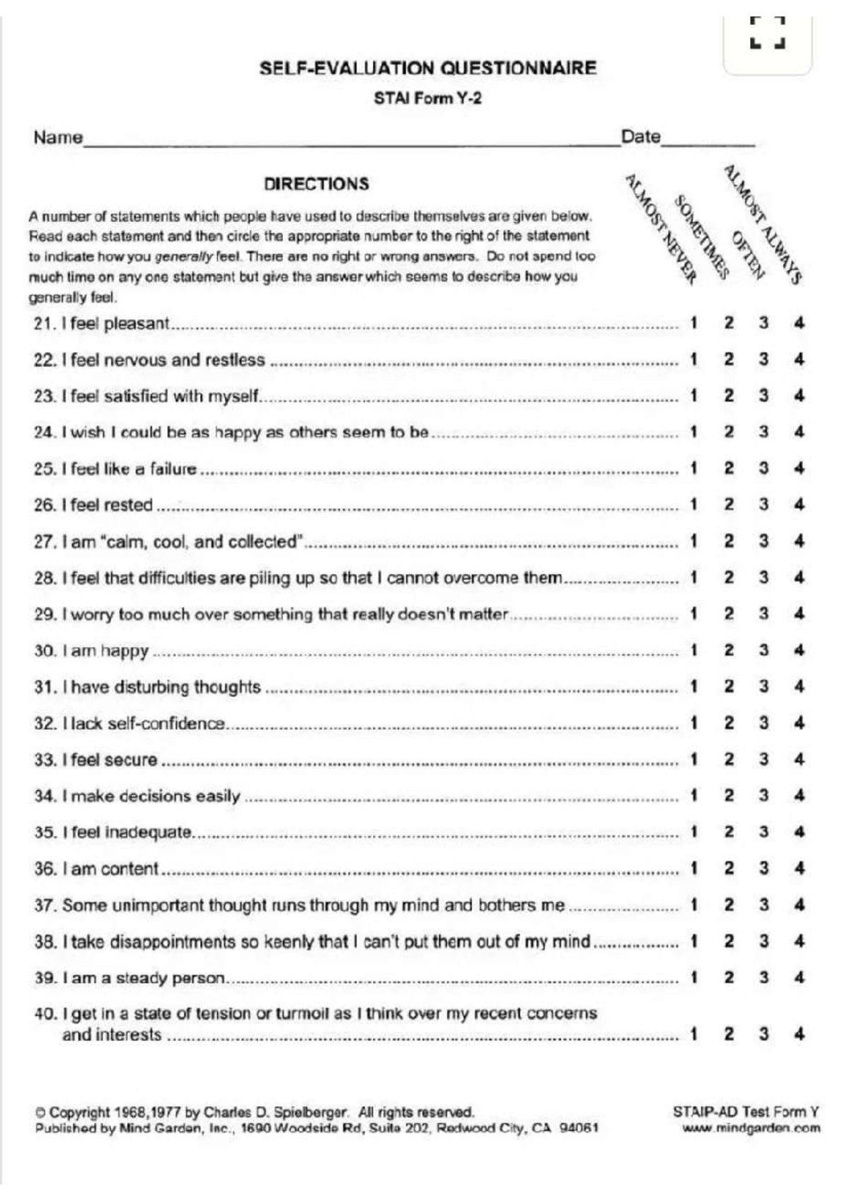 Γ 7 L J STAI Questionnaire for Test Conduct (SATI) - Studocu