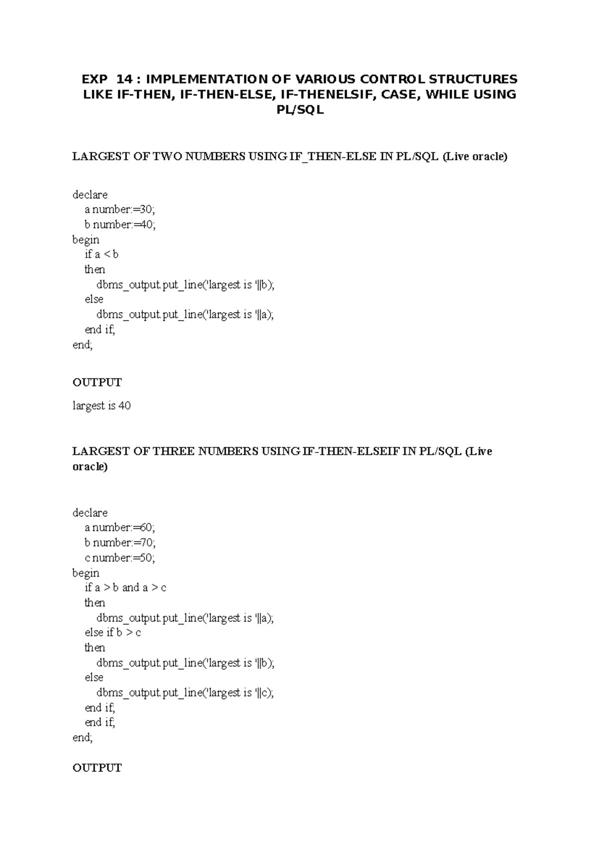 EXP 14: PL/SQL Control Structures Programs and Examples - Studocu