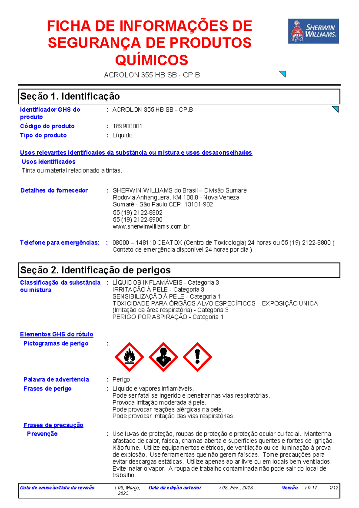 Ficha de Segurança do Produto Químico Acrolon 355 HB SB - CP - Studocu