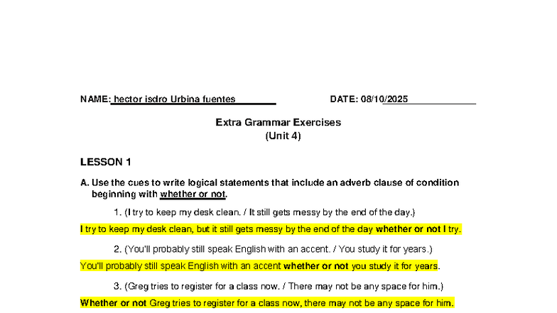 IDIN 6 UNIT 4 Lesson 1: Extra Grammar Exercises on Adverb Clauses - Studocu