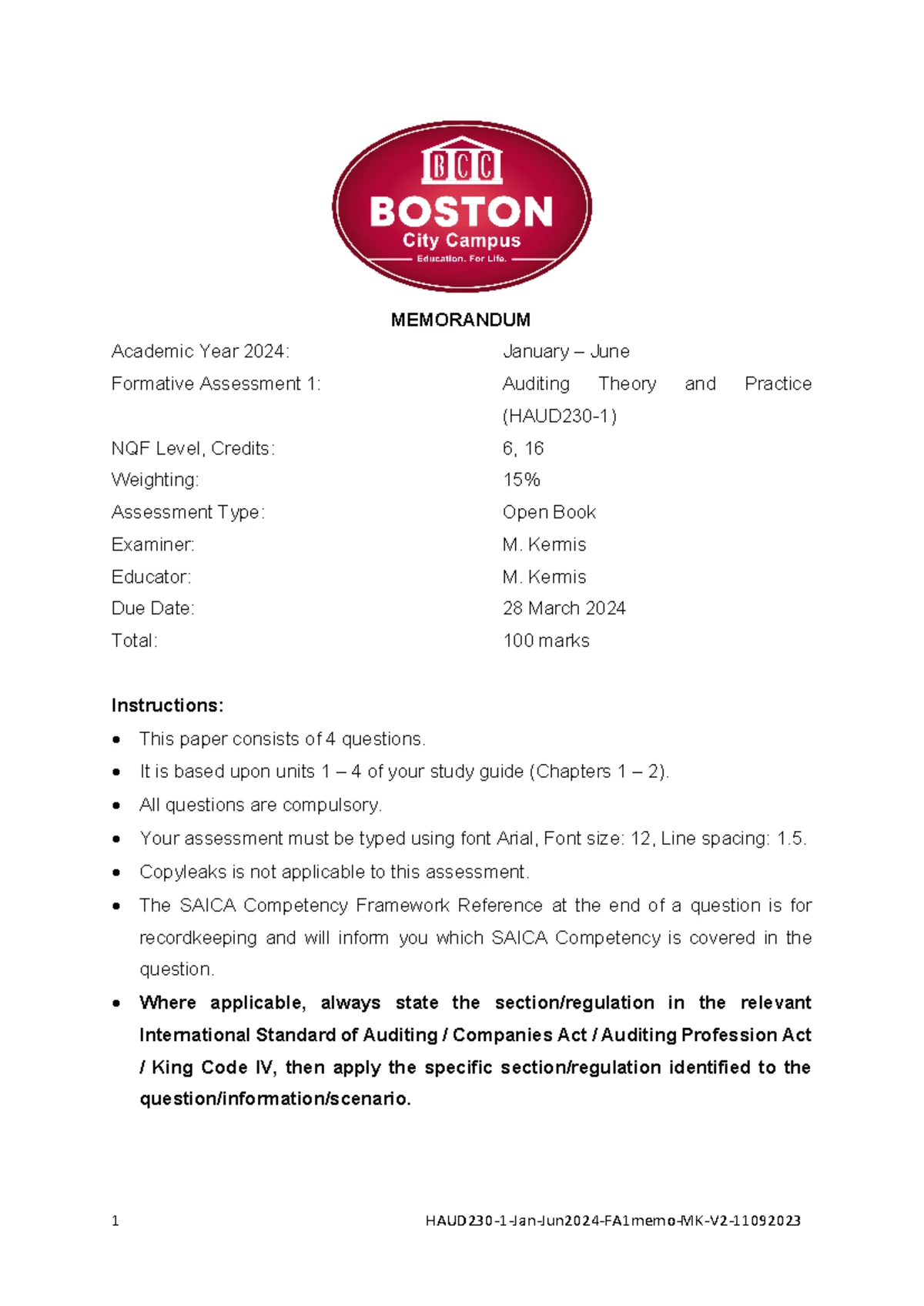 HAUD230-1: Formative Assessment 1 - Auditing Theory & Practice (2025 ...
